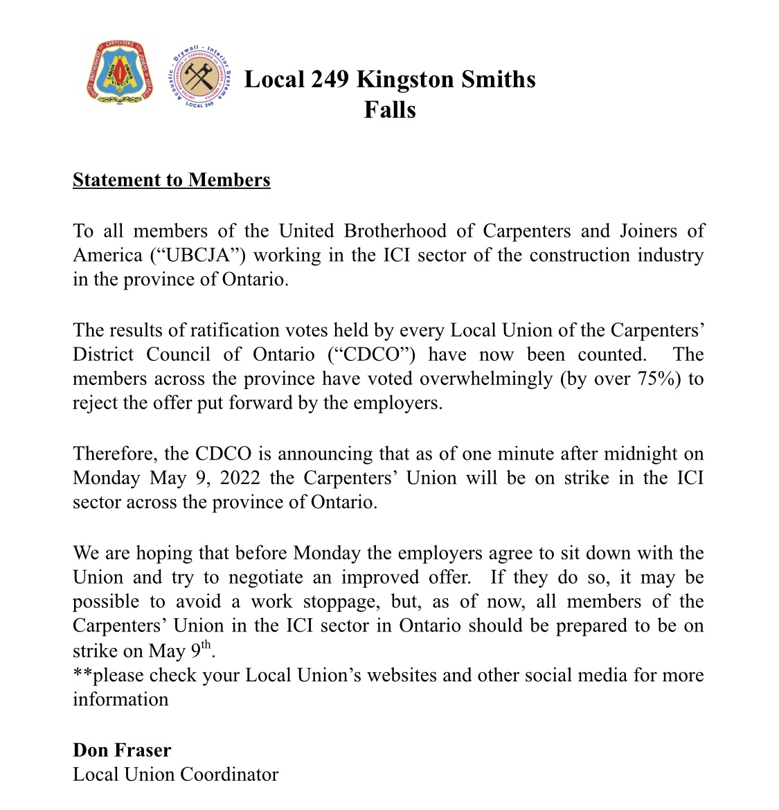Statement to Members: ICI Strike - Local 249