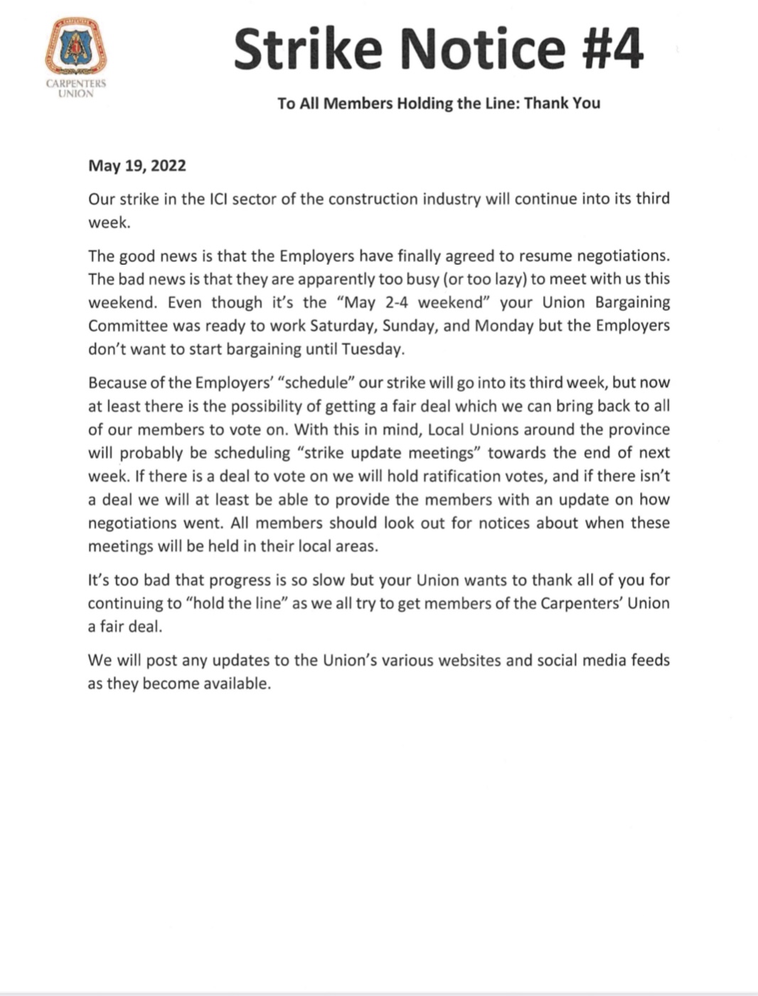 Strike Notice #4 - Local 249