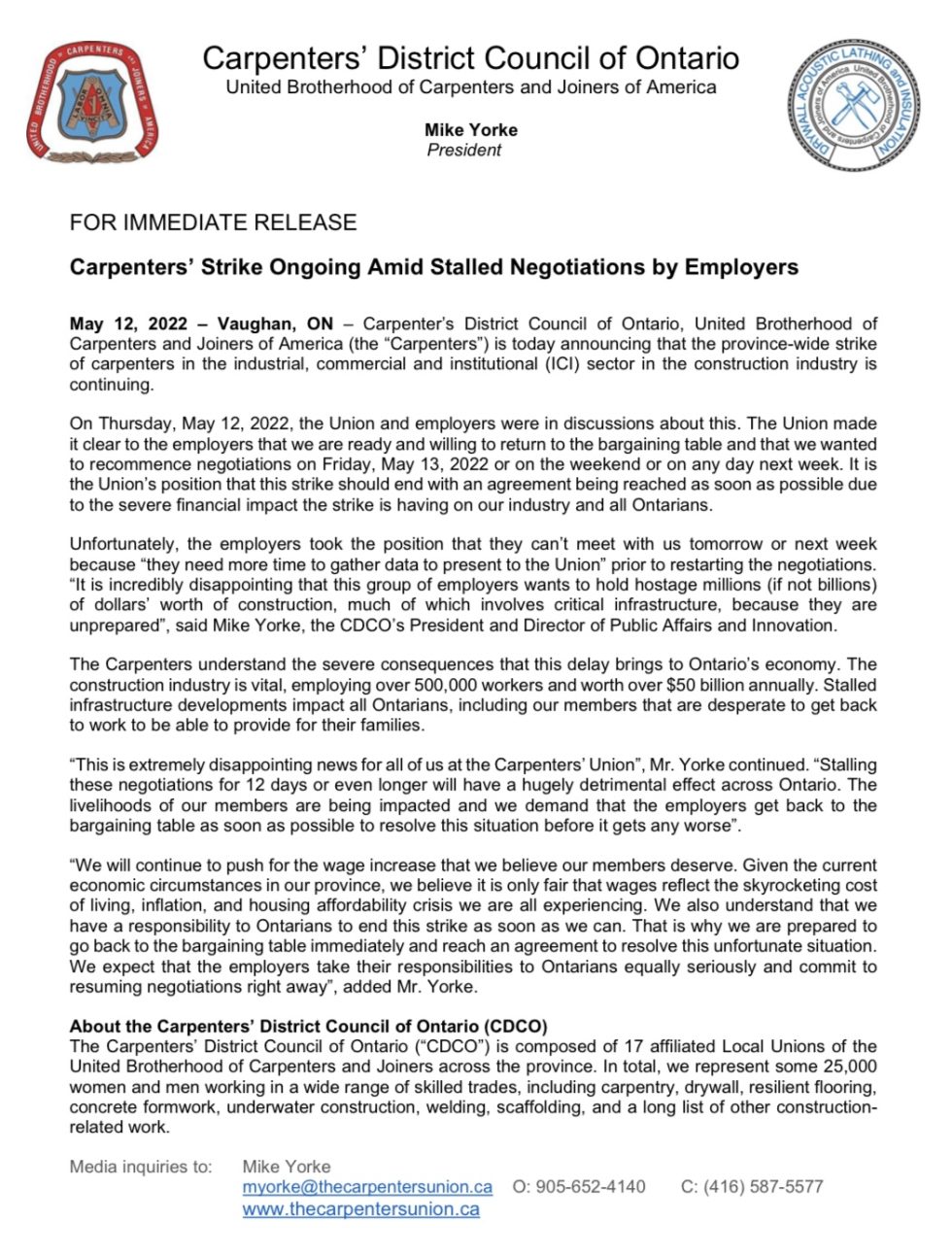 Notice: Carpenters' Strike ongoing due to stalled negotiations by ...